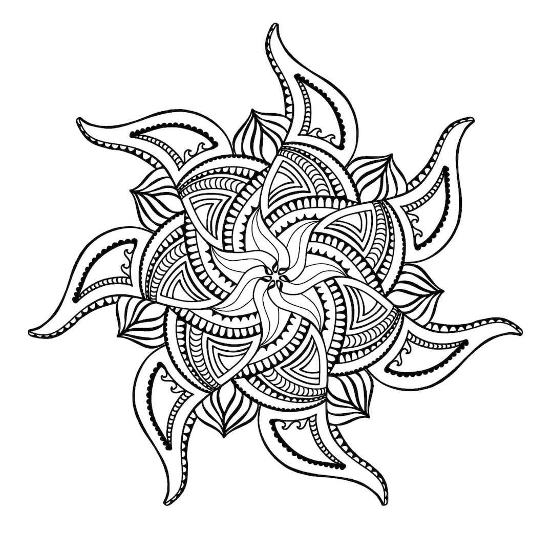 Hand Drawn Sun Fire Mandala Coloring Page for Adults. Print Your Own ...