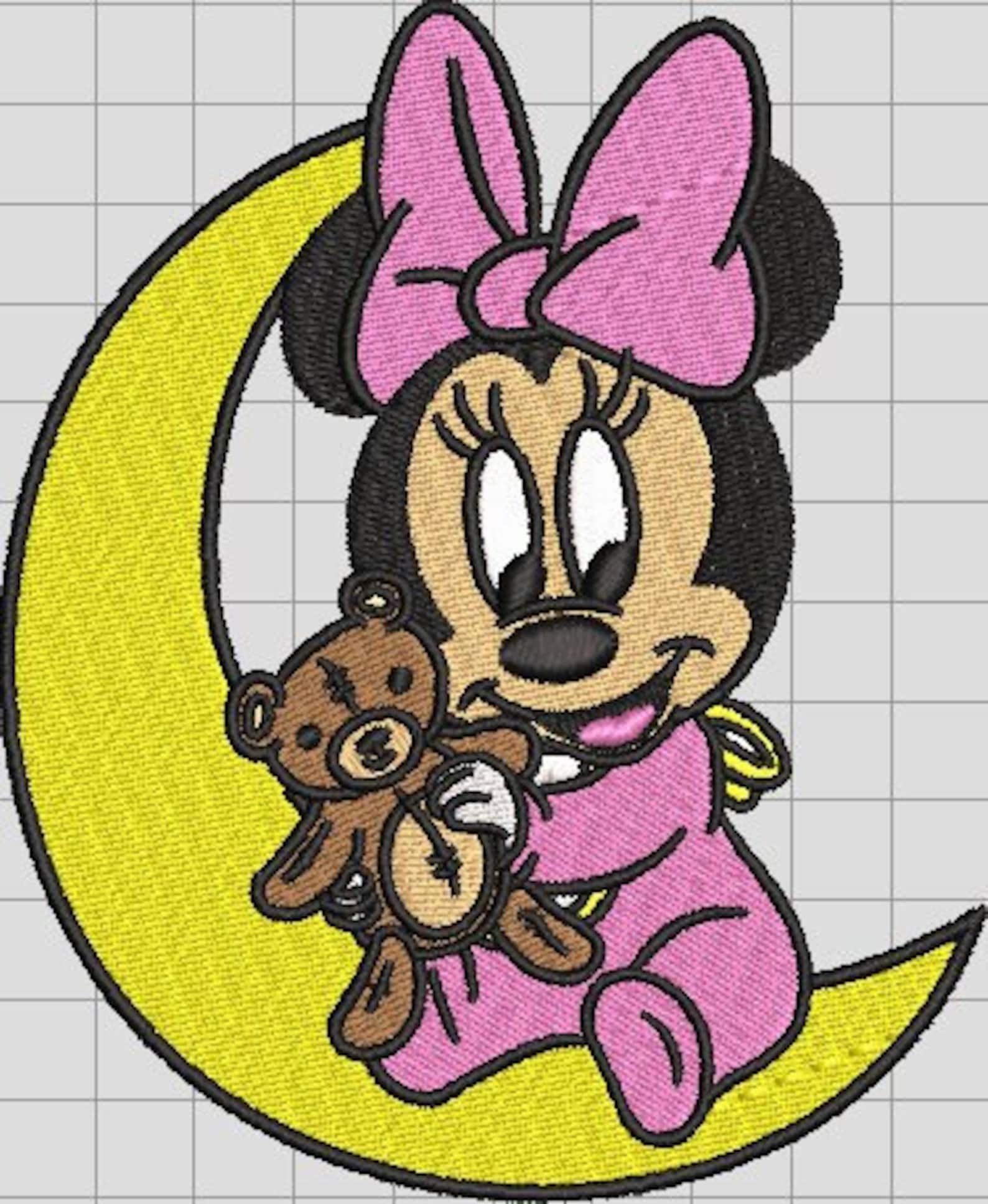 Minnie Mouse With Bear and Moon Embroidery Design, 2 Different Sizes ...