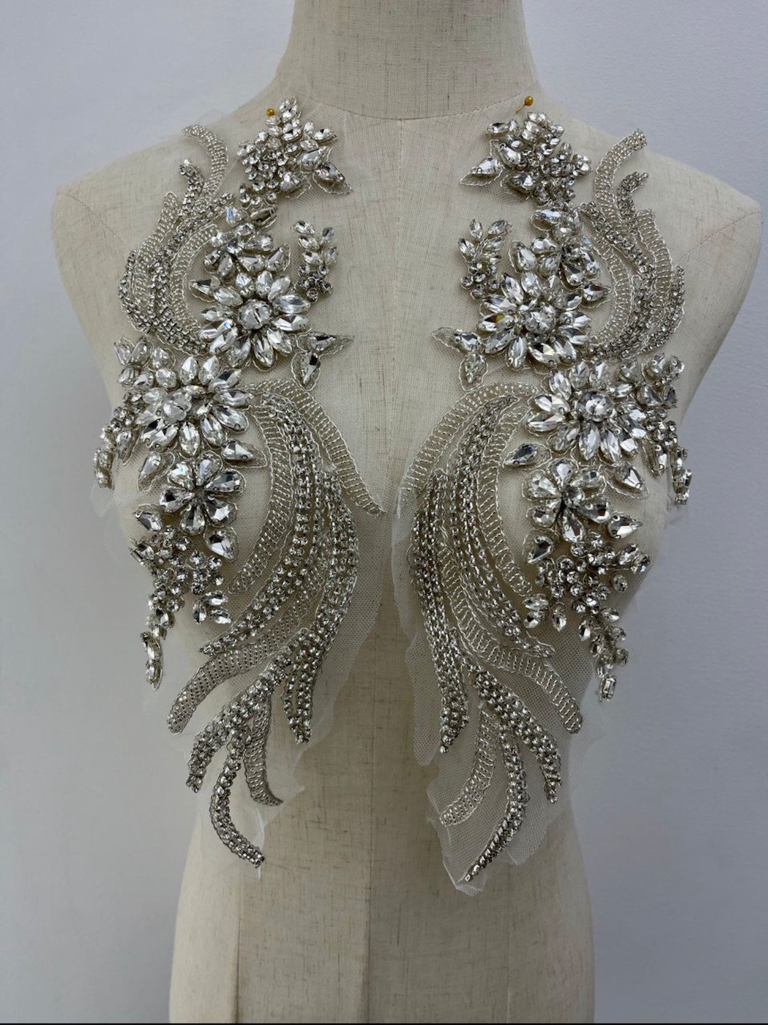 Deluxe Rhinestone Silver Applique, Bridal Bodice Beaded Floral Motif ...
