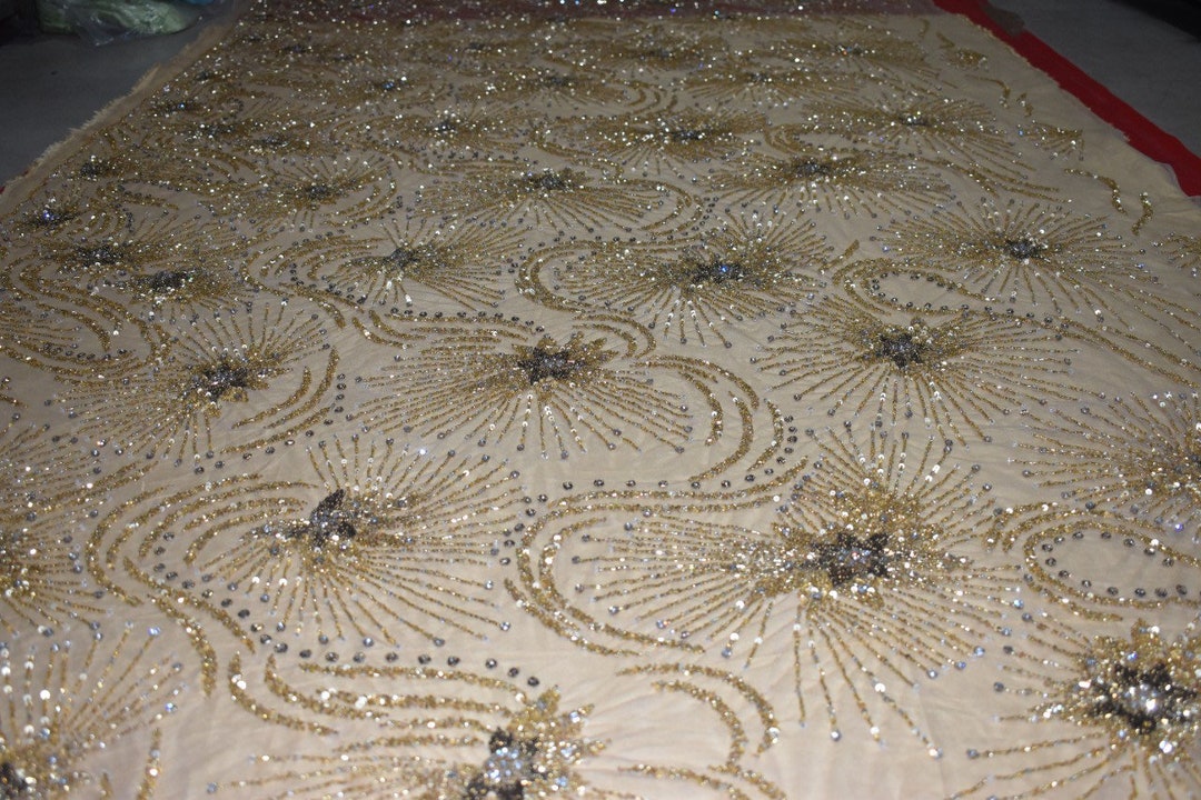 Gold Beaded Tulle Fabric/ Gold Mesh Fabric/ Gold Lace Fabric 60 Inches ...
