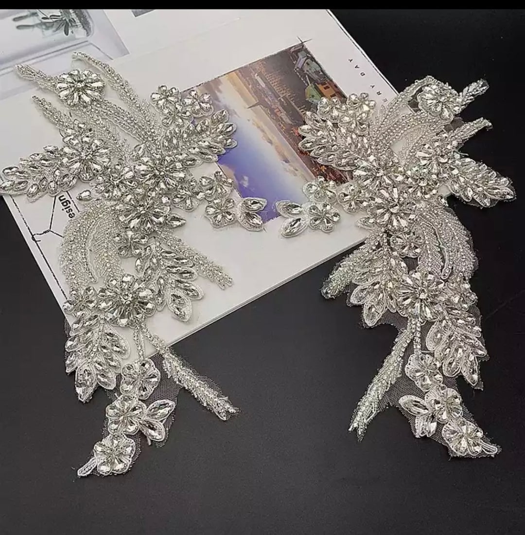 Deluxe Silver Rhinestone Applique/bridal Bodice Beaded Floral Motif ...