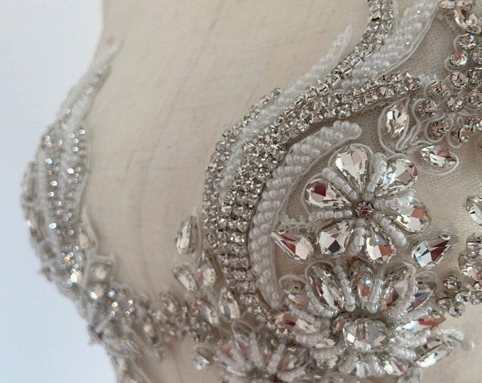 Deluxe White/silver Rhinestone Applique, Bridal Bodice Beaded Floral ...