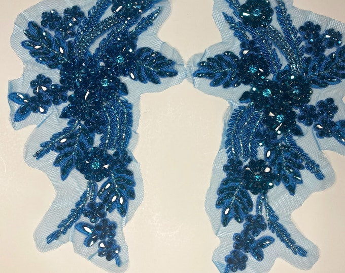 Deluxe Rhinestone Aqua Blue Applique, Bridal Bodice Beaded Floral Motif ...