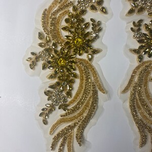 Deluxe Rhinestone Applique, Bridal Bodice Beaded Floral Motif Lace Applique, Gold Crystal ...