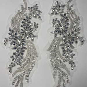 Deluxe Silver Rhinestone Applique, Bridal Bodice Beaded Floral Motif Lace Applique, Silver ...