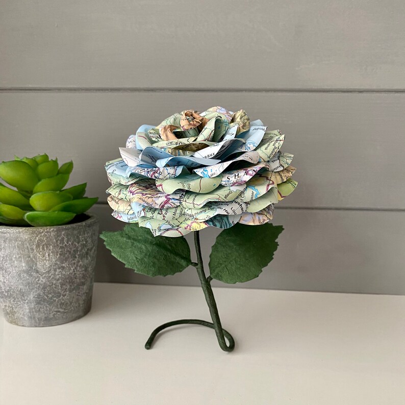 World Map Rose Made From Preloved Map Paper, Freestanding Shelf Decor ...