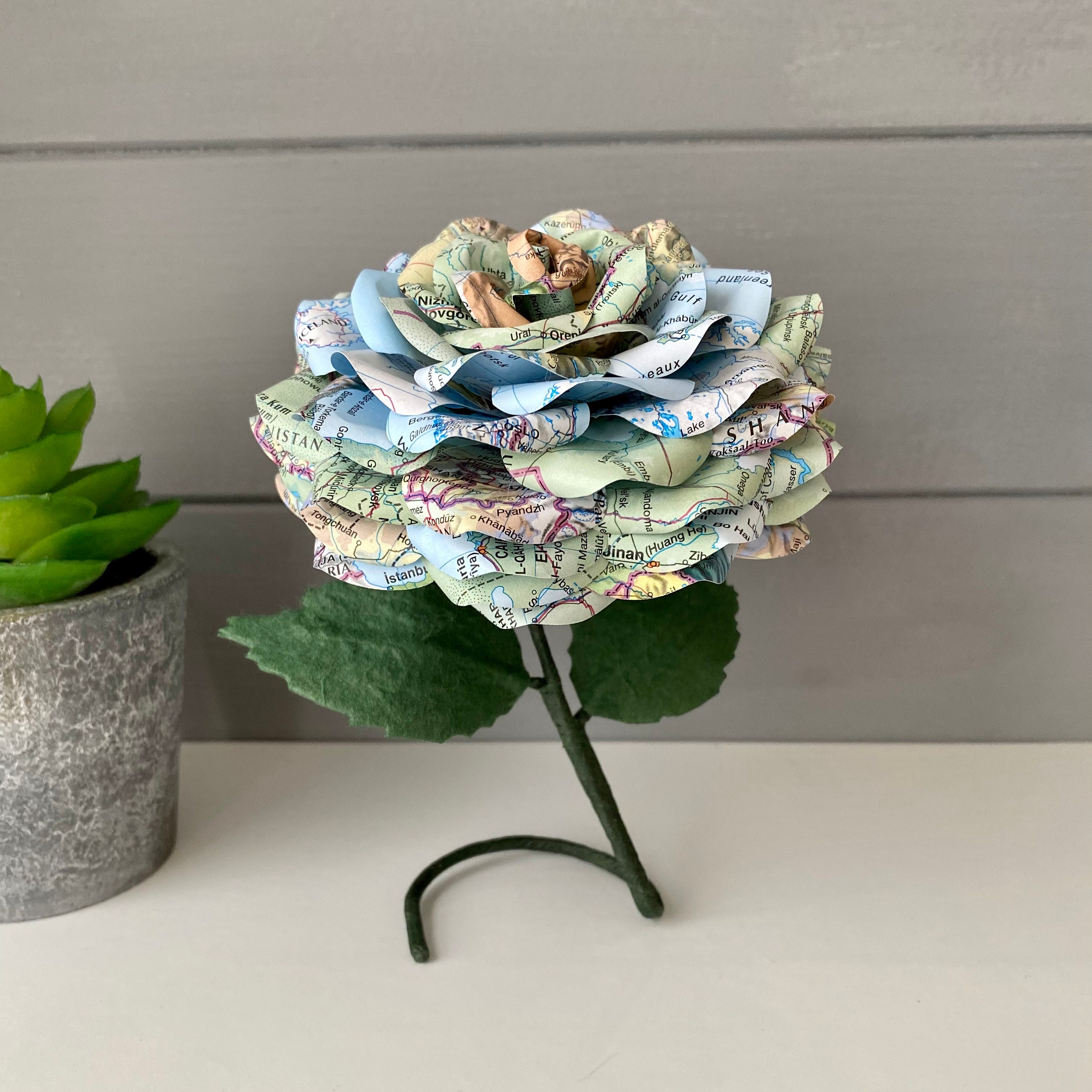 World Map Rose Made From Preloved Map Paper, Freestanding Shelf Decor ...