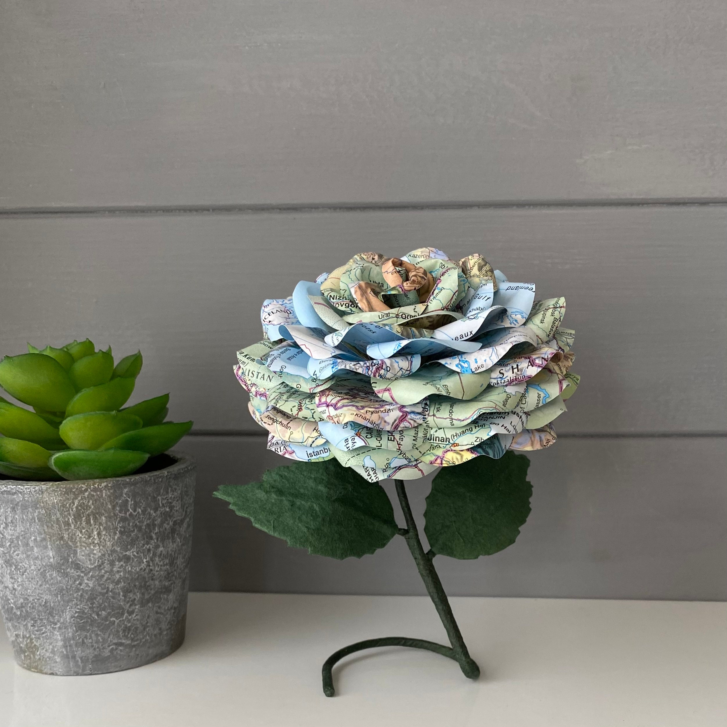 World Map Rose Made From Preloved Map Paper, Freestanding Shelf Decor ...