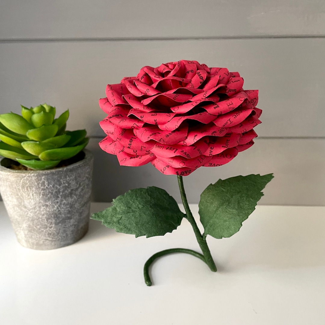 Red Rose Printed With LOVE, Valentine’s Day Paper Rose - Red Rose Paper ...