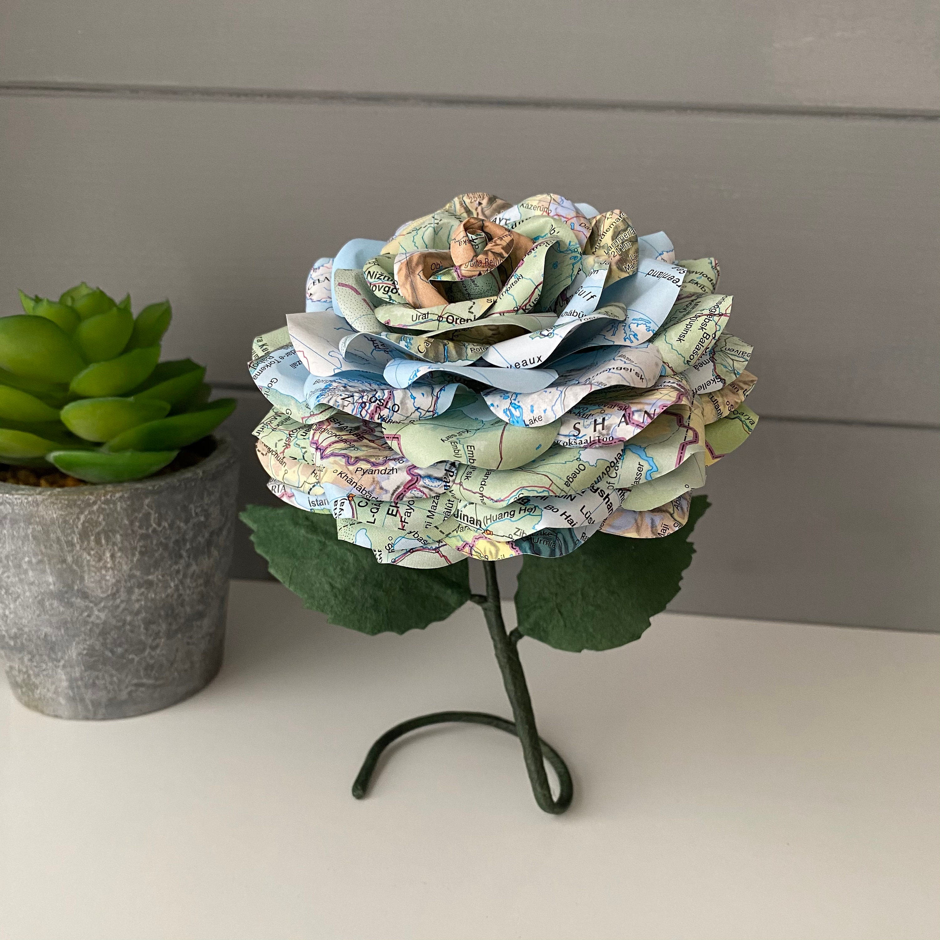 World Map Rose Made From Preloved Map Paper, Freestanding Shelf Decor ...