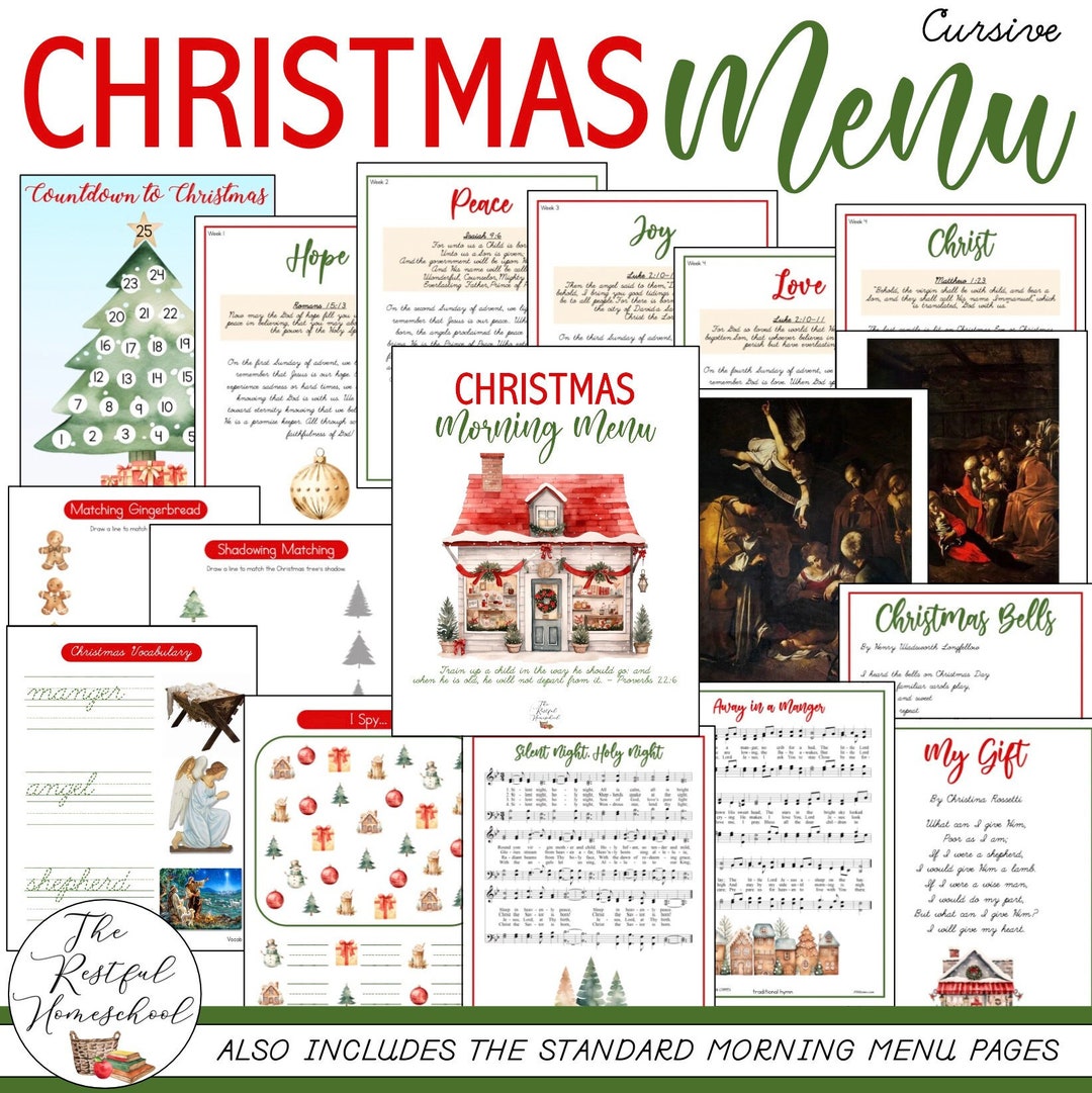 CURSIVE CHRISTMAS ADVENT Morning Menu Pages Homeschool Basket Calendar ...