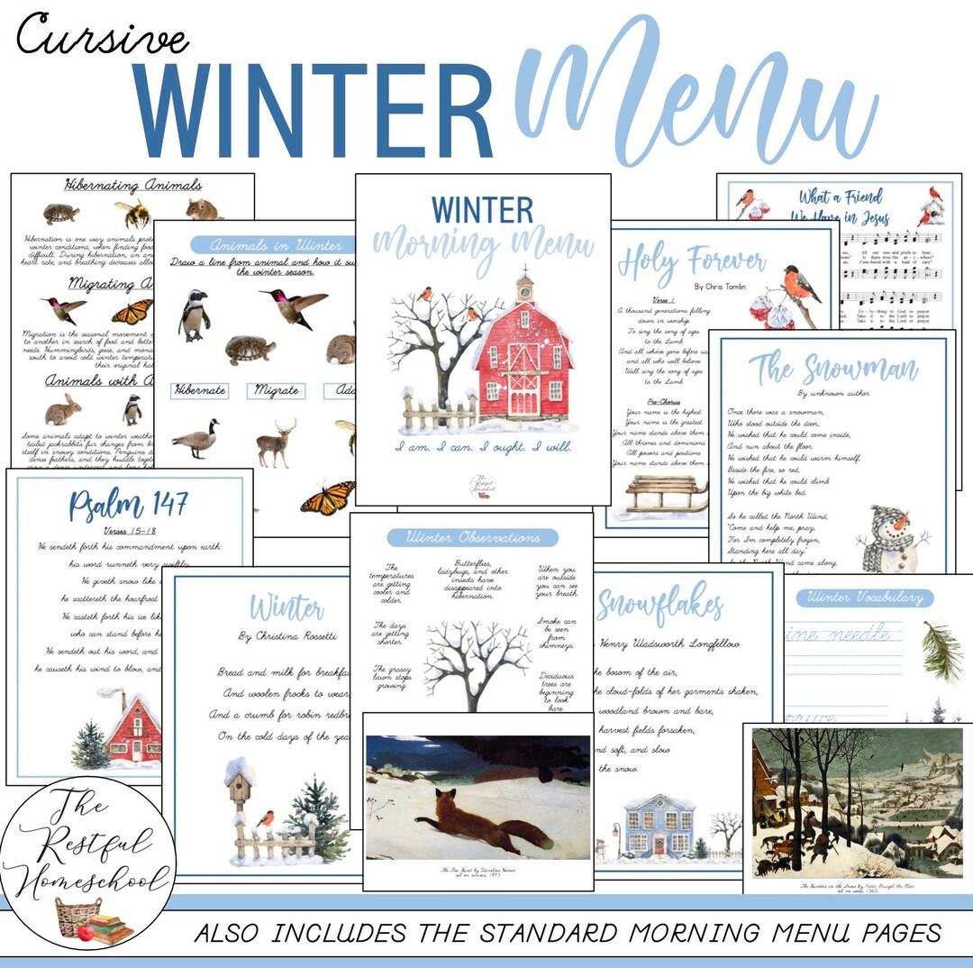 CURSIVE WINTER Morning Menu Pages | Homeschool Morning Basket ...