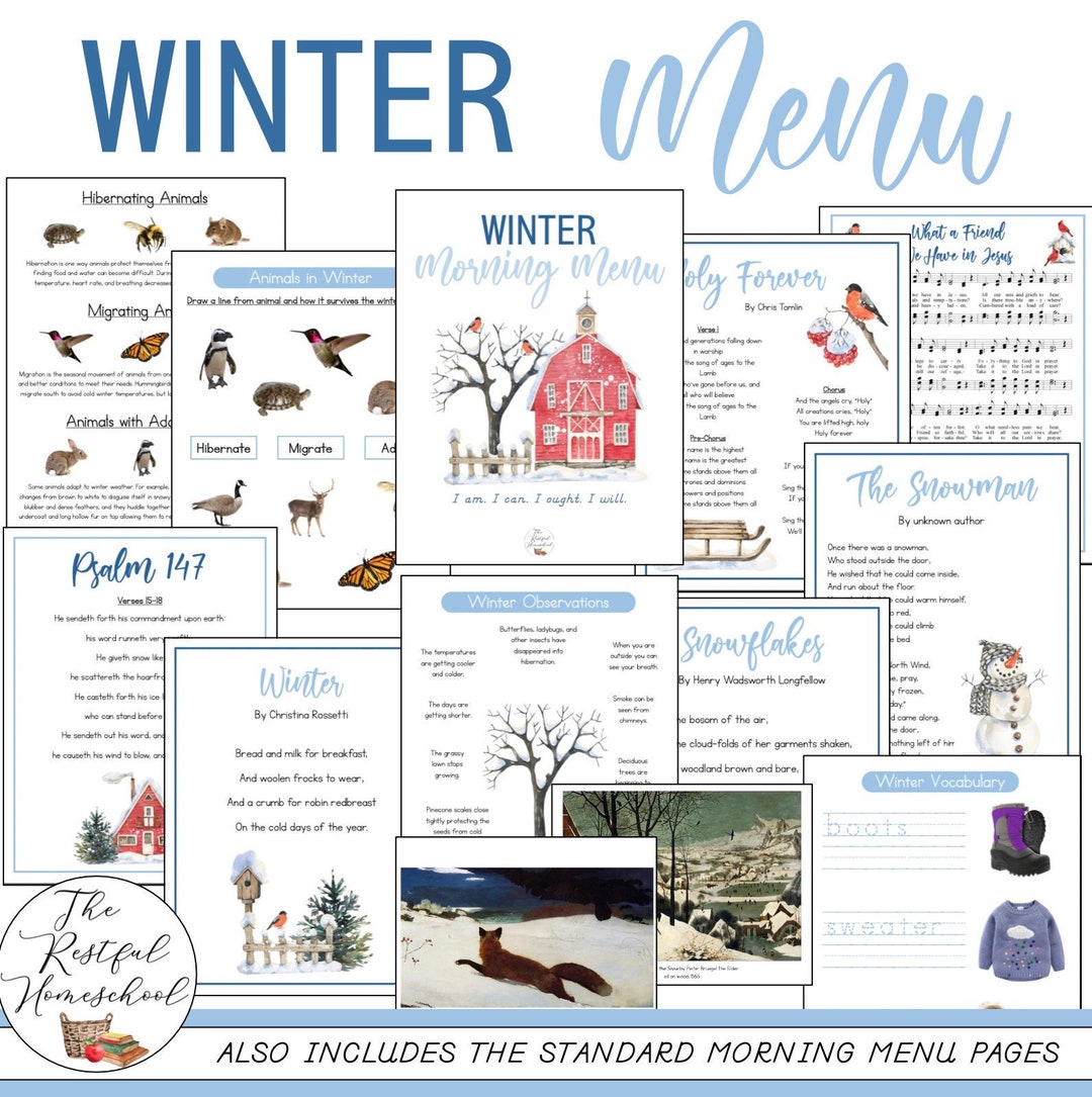 PRIMER WINTER Morning Menu Pages | Homeschool Morning Basket | Calendar ...