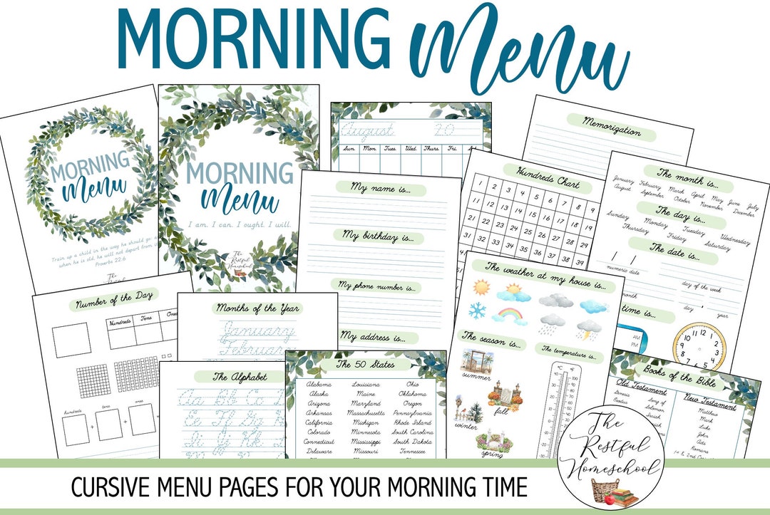CURSIVE Morning Menu Pages | Homeschool Morning Basket | Calendar Pages ...