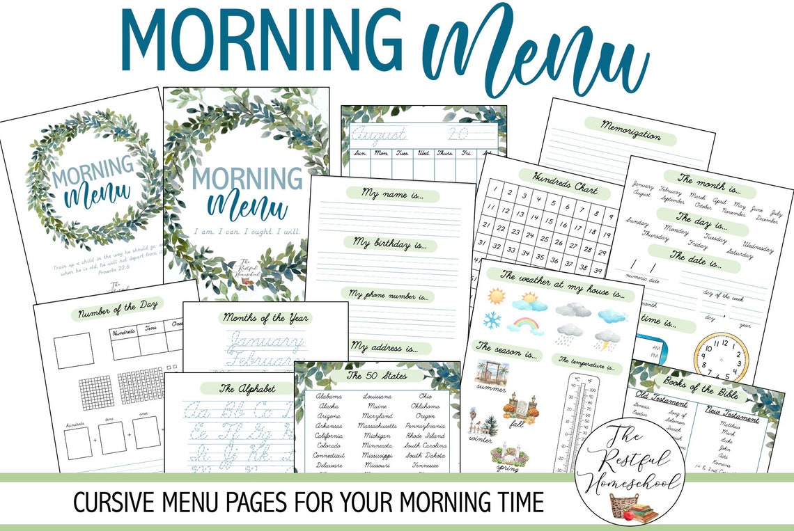 CURSIVE Morning Menu Pages | Homeschool Morning Basket | Calendar Pages ...