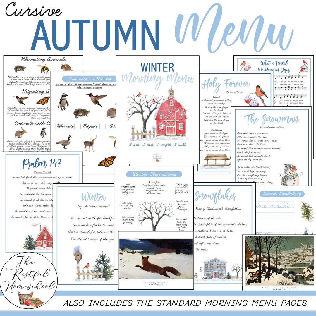 CURSIVE WINTER Morning Menu Pages Homeschool Morning Basket - Etsy