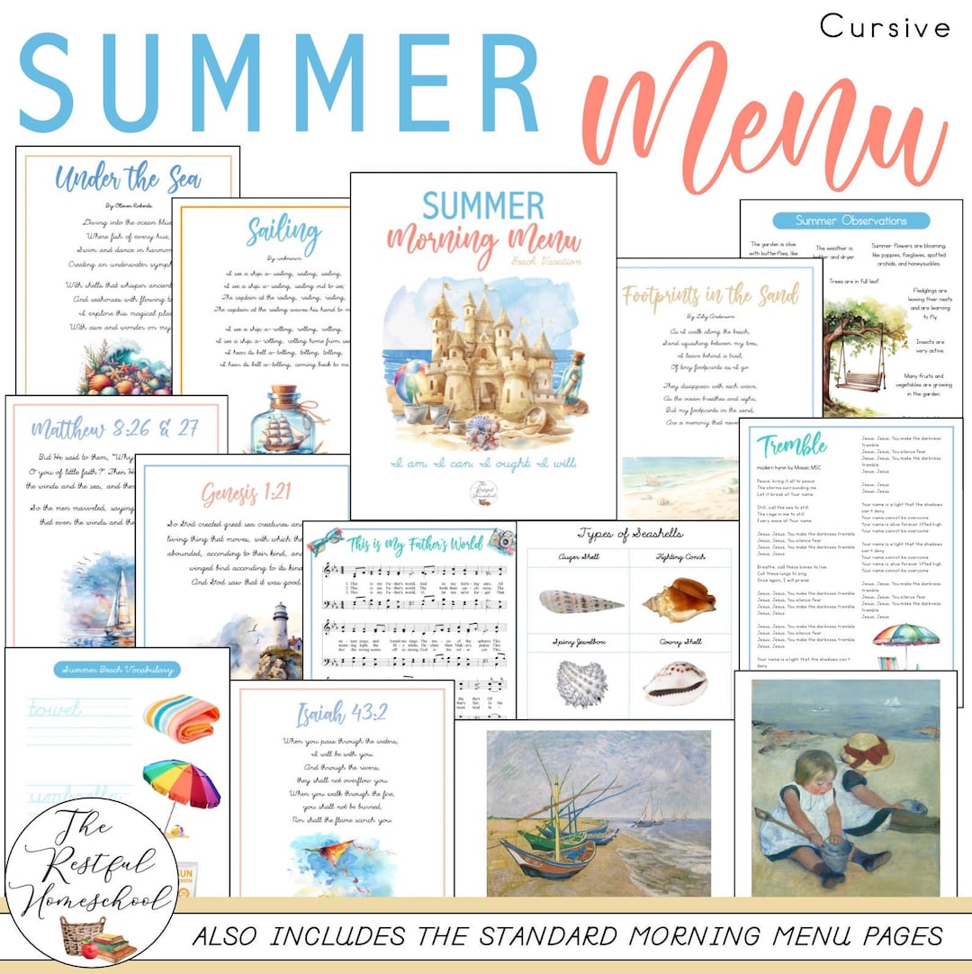 CURSIVE SUMMER Beach Morning Menu Pages | Homeschool Morning Time ...