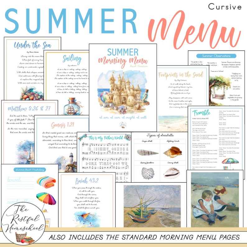 CURSIVE SUMMER Beach Morning Menu Pages Homeschool Morning Time Basket ...