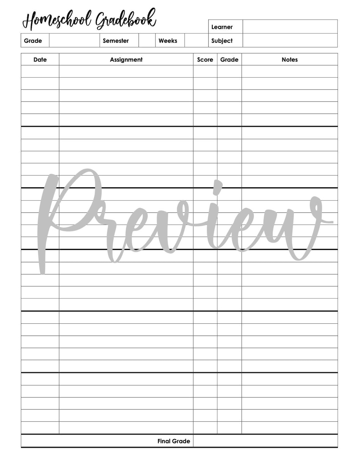 Homeschool Gradebook Printable | Homeschool Grading Sheet | Grade ...