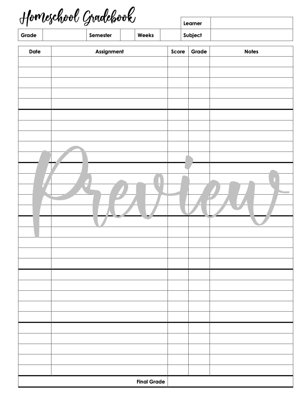 Homeschool Gradebook Printable | Homeschool Grading Sheet | Grade ...