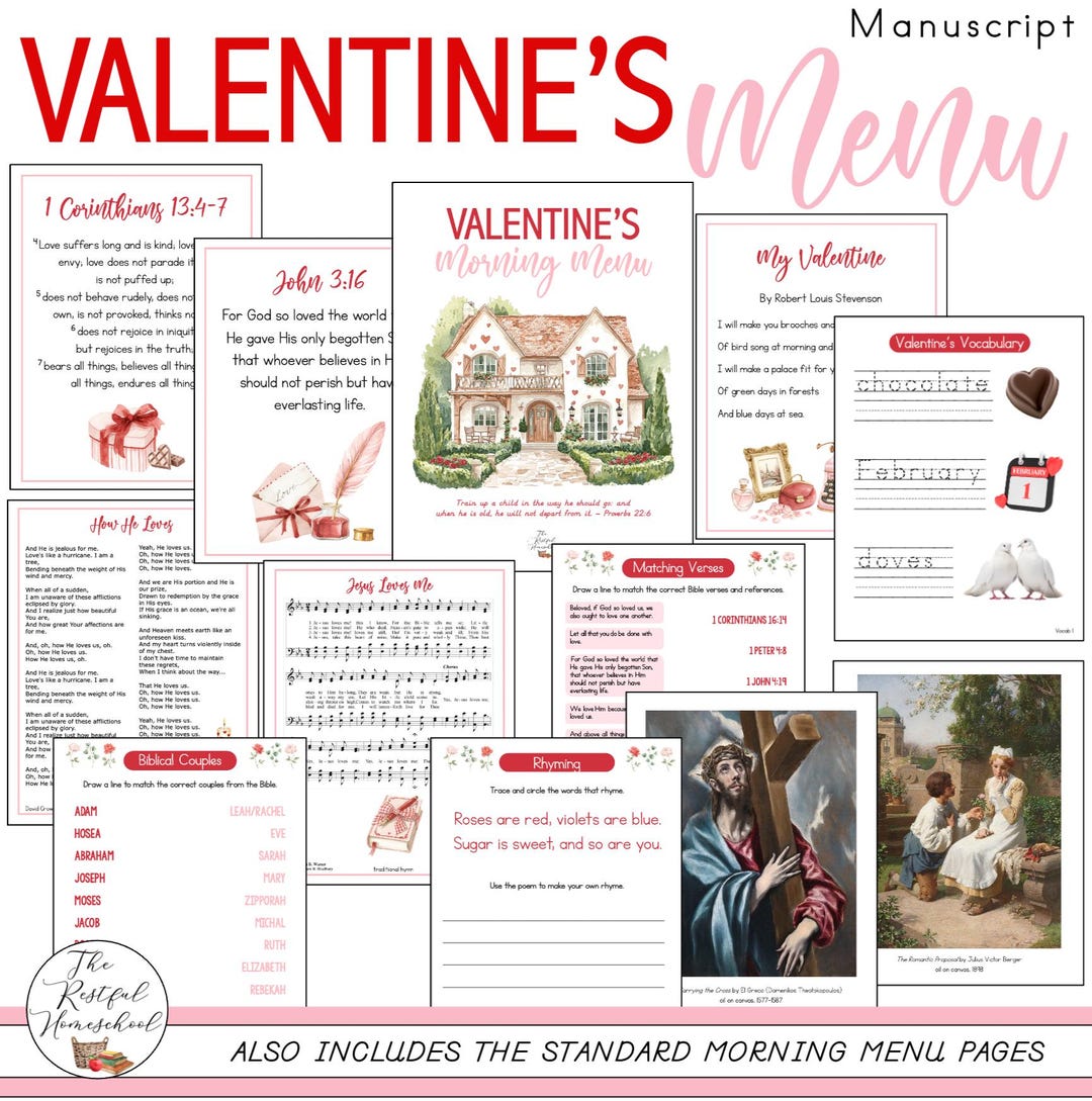 MANUSCRIPT VALENTINES DAY Morning Menu | Homeschool Basket | Calendar ...
