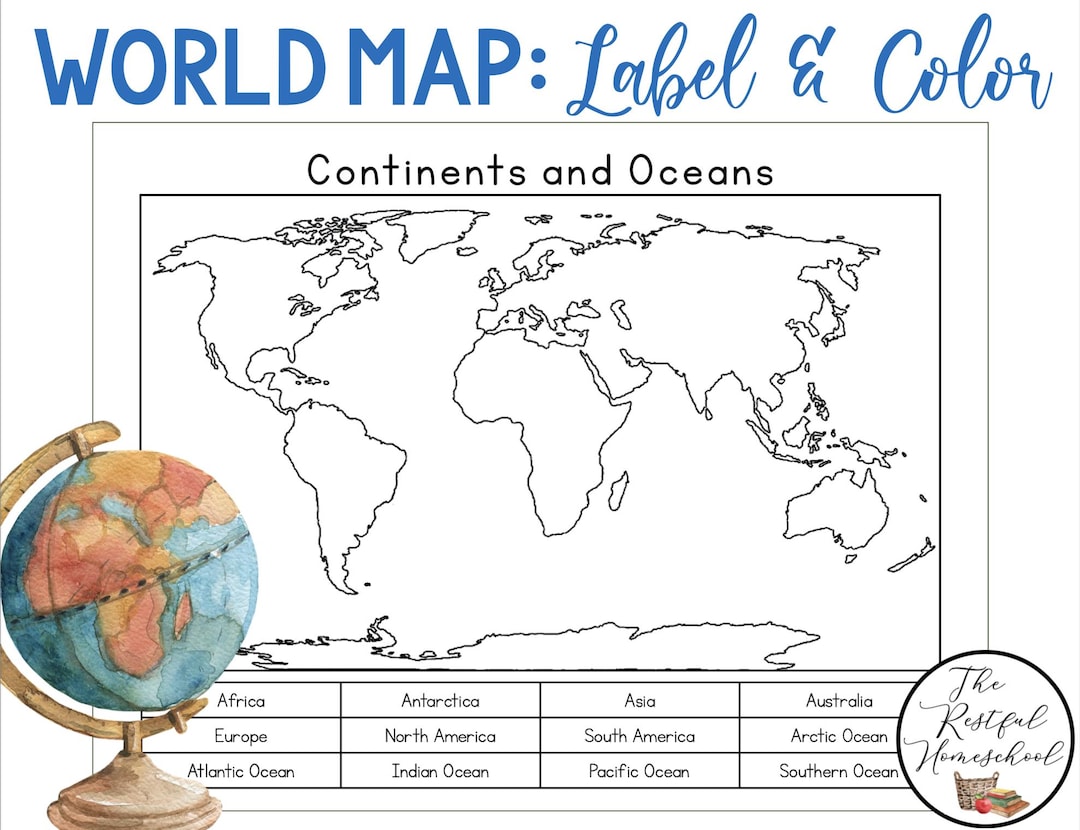 Continents and Oceans | Color and Label Blank World Map | Elementary Geography | Homeschool ...