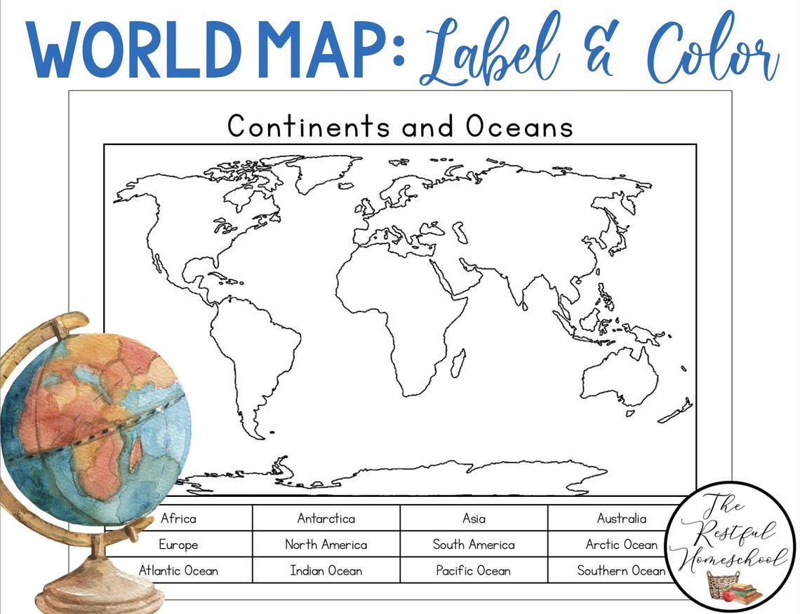 Continents and Oceans | Color and Label Blank World Map | Elementary ...