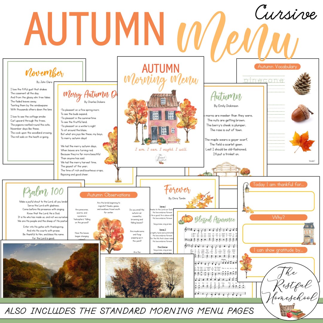 CURSIVE AUTUMN Morning Menu Pages Homeschool Morning Basket Calendar ...