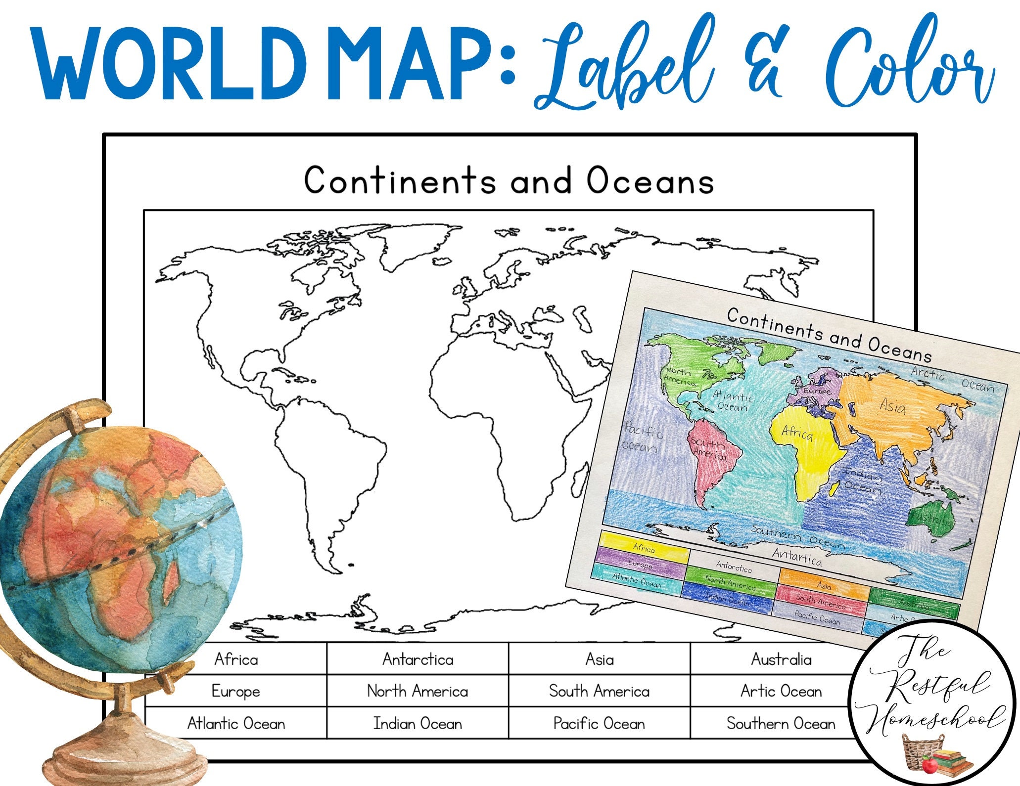 Continents and Oceans Color and Label Blank World Map Elementary ...