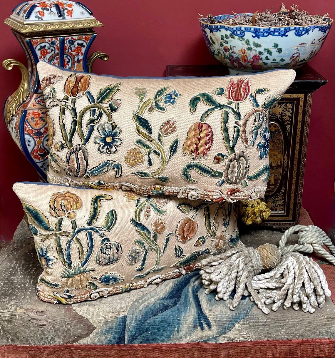 Antique English Crewelwork Pillows PAIR - Etsy