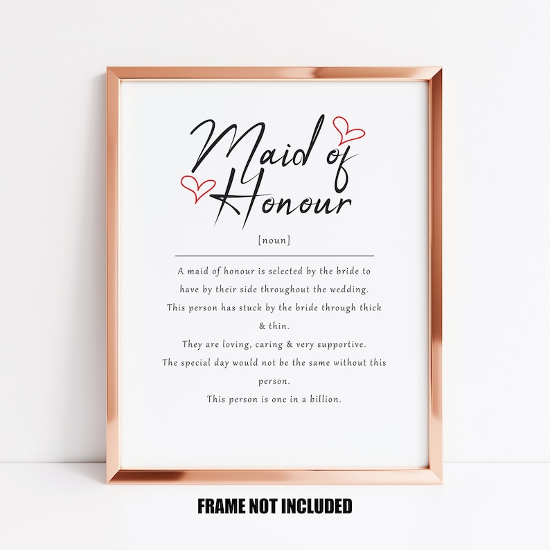 Maid of Honour Definition Art Print, Thank You Maid of Honour Gift ...