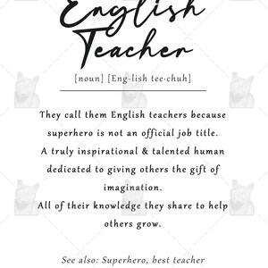 English Teacher Definition Card, English Teacher Thank You Card, End of ...