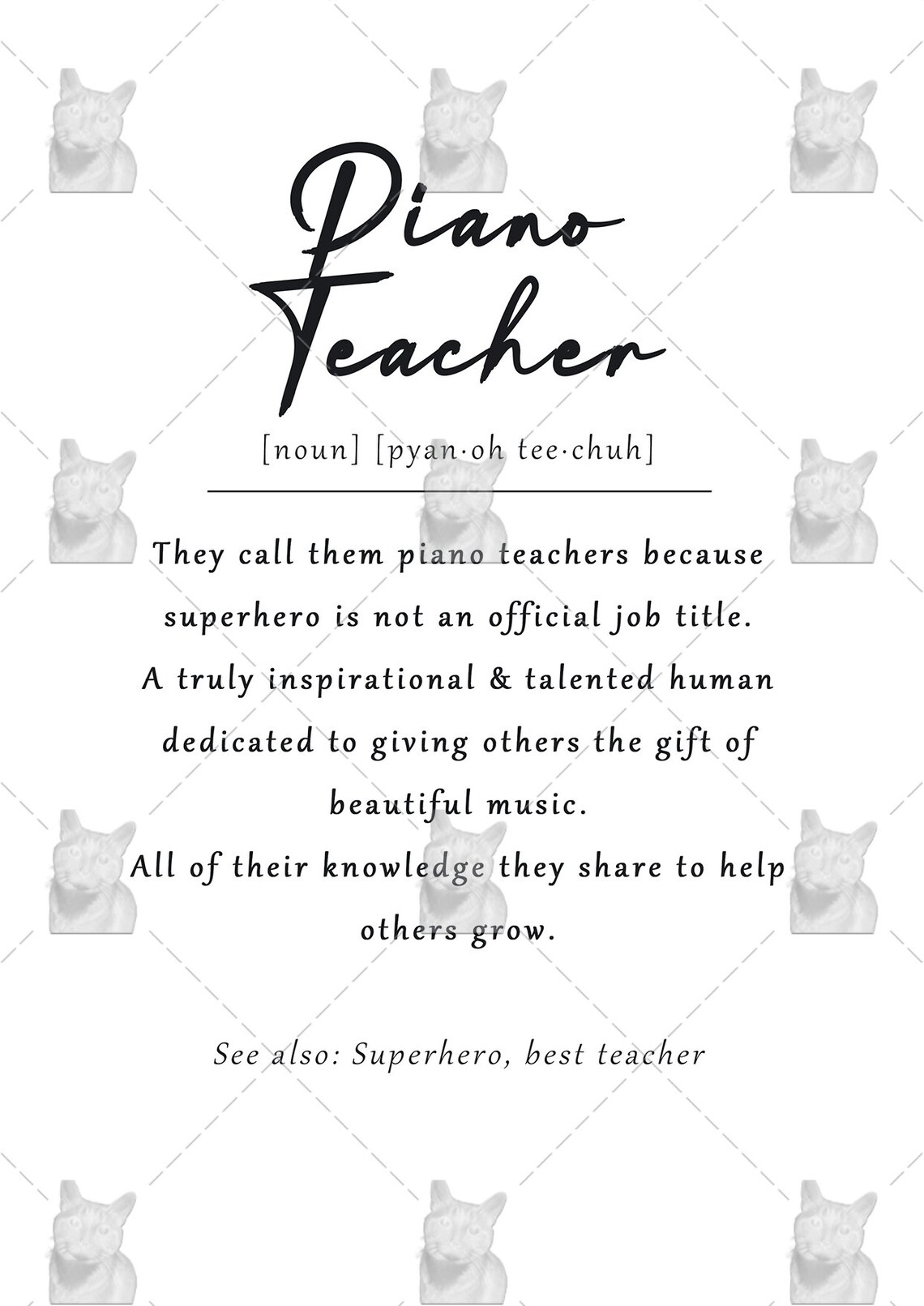 Piano Teacher Definition Card, Thank You Piano Teacher Card, Piano ...