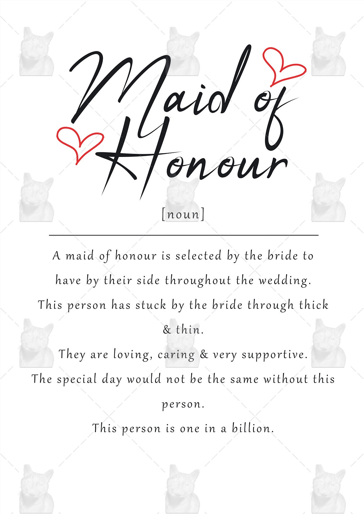 Maid of Honour Definition Card, Maid of Honour Wedding Favour, Bridal ...