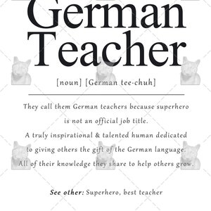 German Teacher Definition Card or Art Print, Gift for German Teacher ...