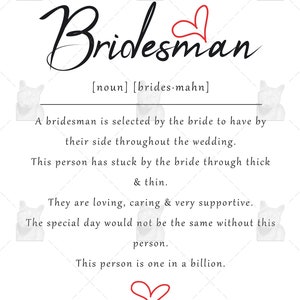 Bridesman Definition Card, Bridesman Gift, Bridesman Wedding Favour ...