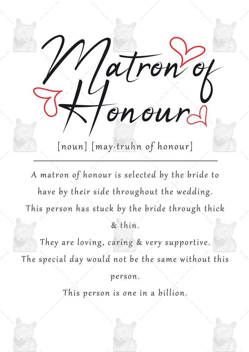 Matron of Honour Definition Card, Bridal Party Cards, Thank You Matron ...