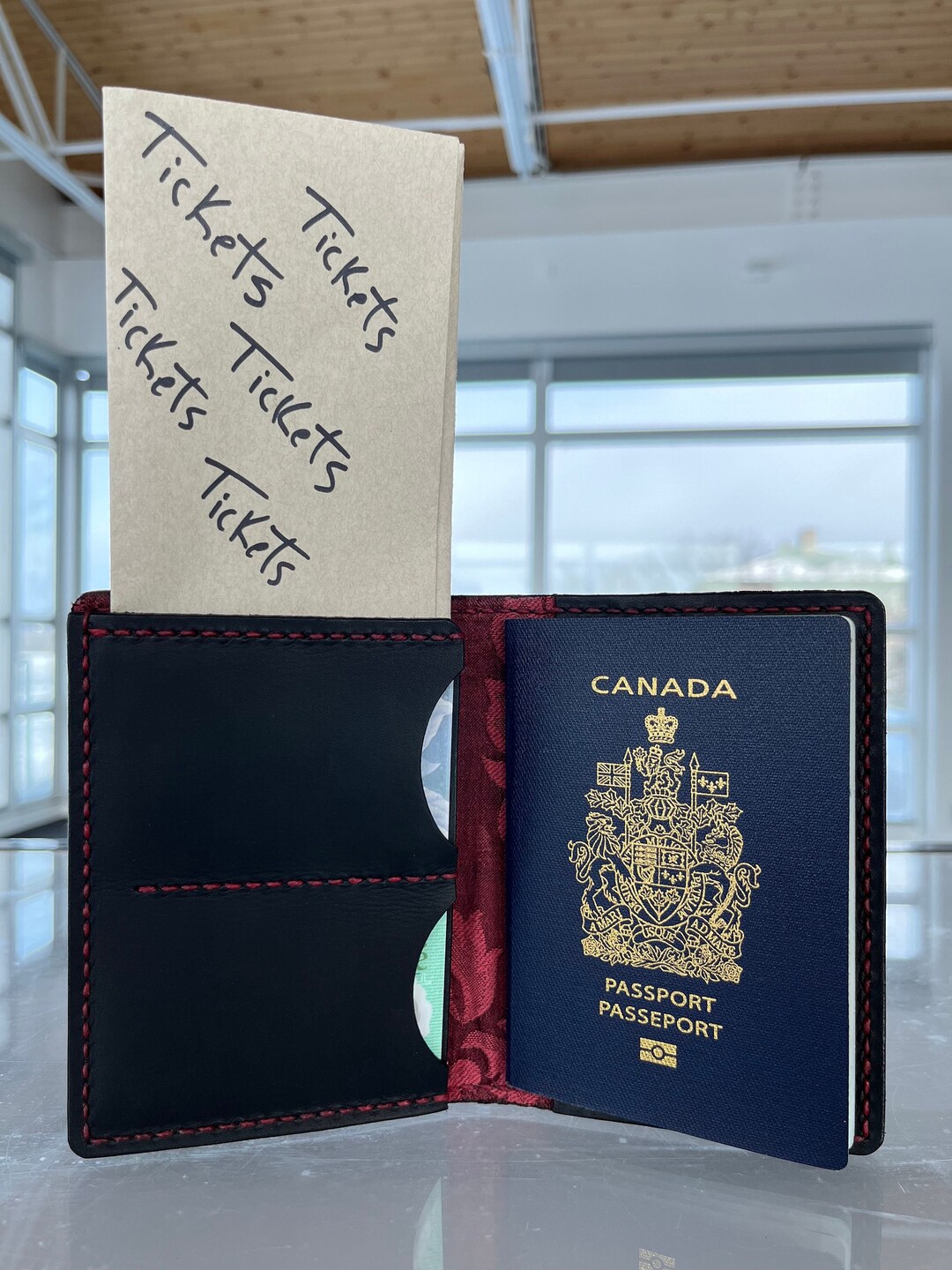 Black Heritage Leather Can/usa Passport Wallet With Red Filigree Lining ...