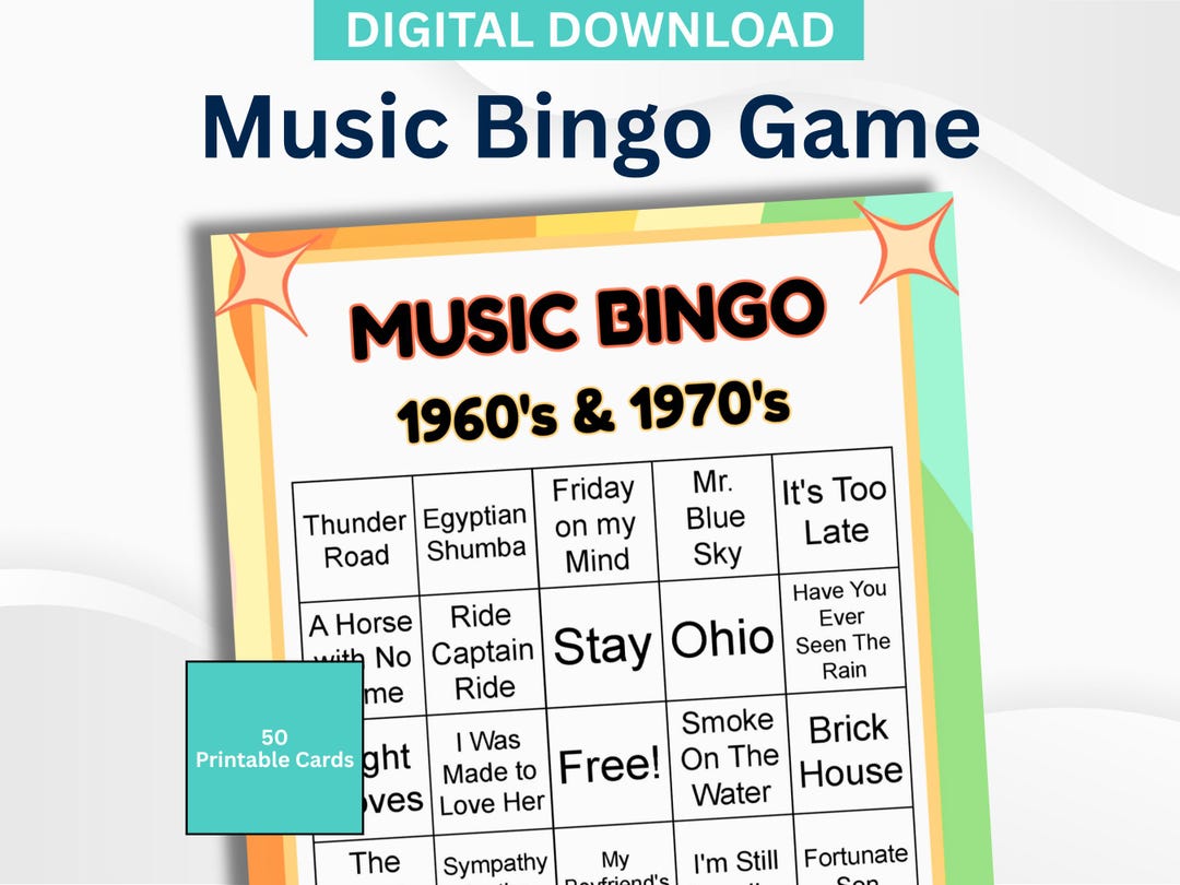 Printable Music Bingo Game | 1960s & 1970s | 50 Cards + Playlist ...