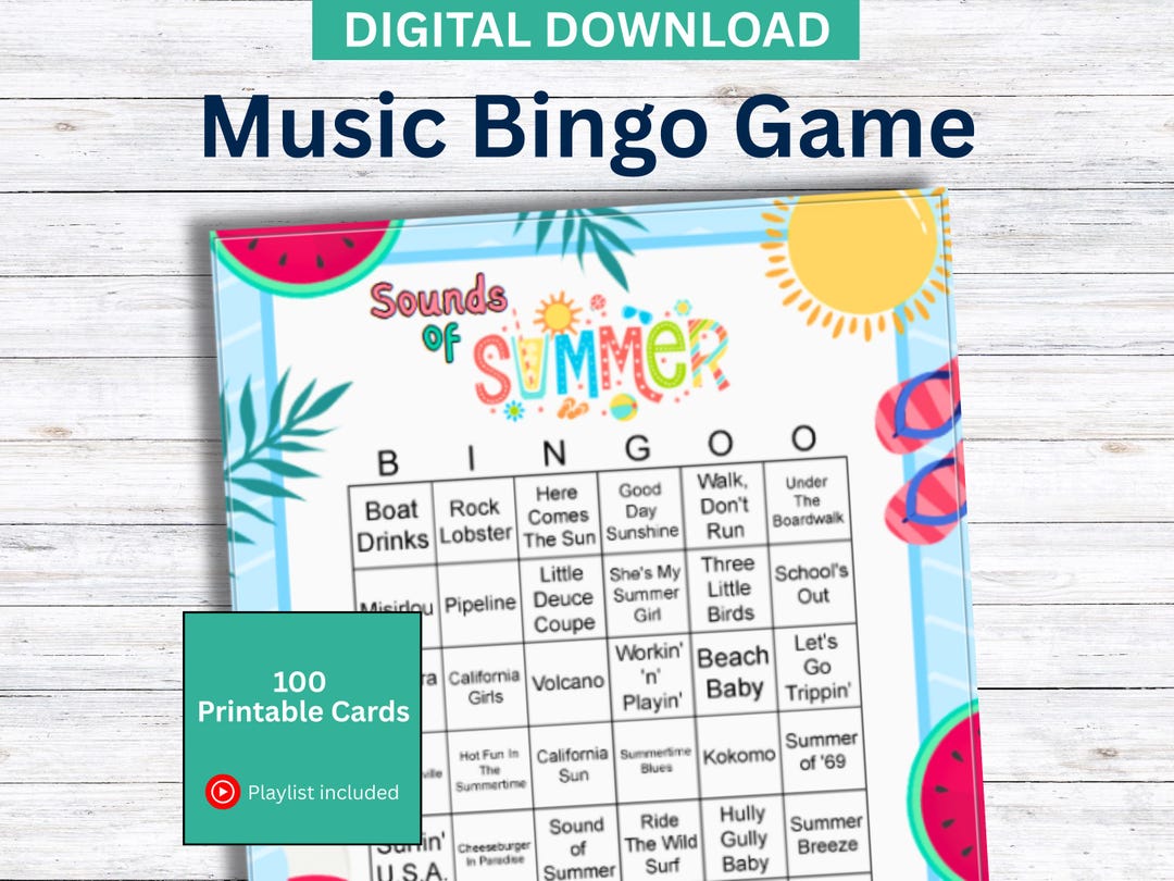 Summer Music Bingo Game: 100 Printable Cards, Playlist (digital ...