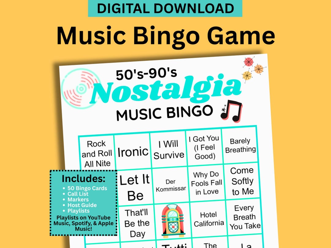 Printable Music Bingo Game | 50s-90s Classic Hits | Digital Download ...
