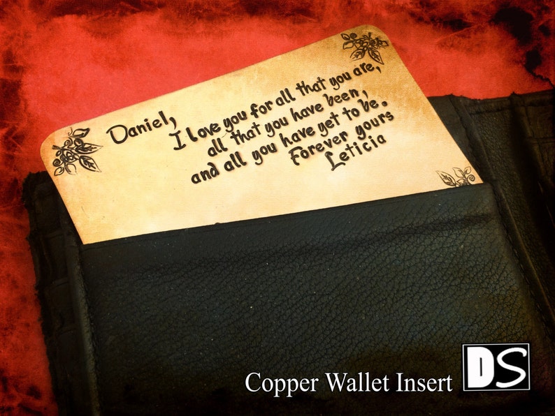 Copper Wallet Insert, Hand Stamped, Beautifully Decorated, Special 7th ...