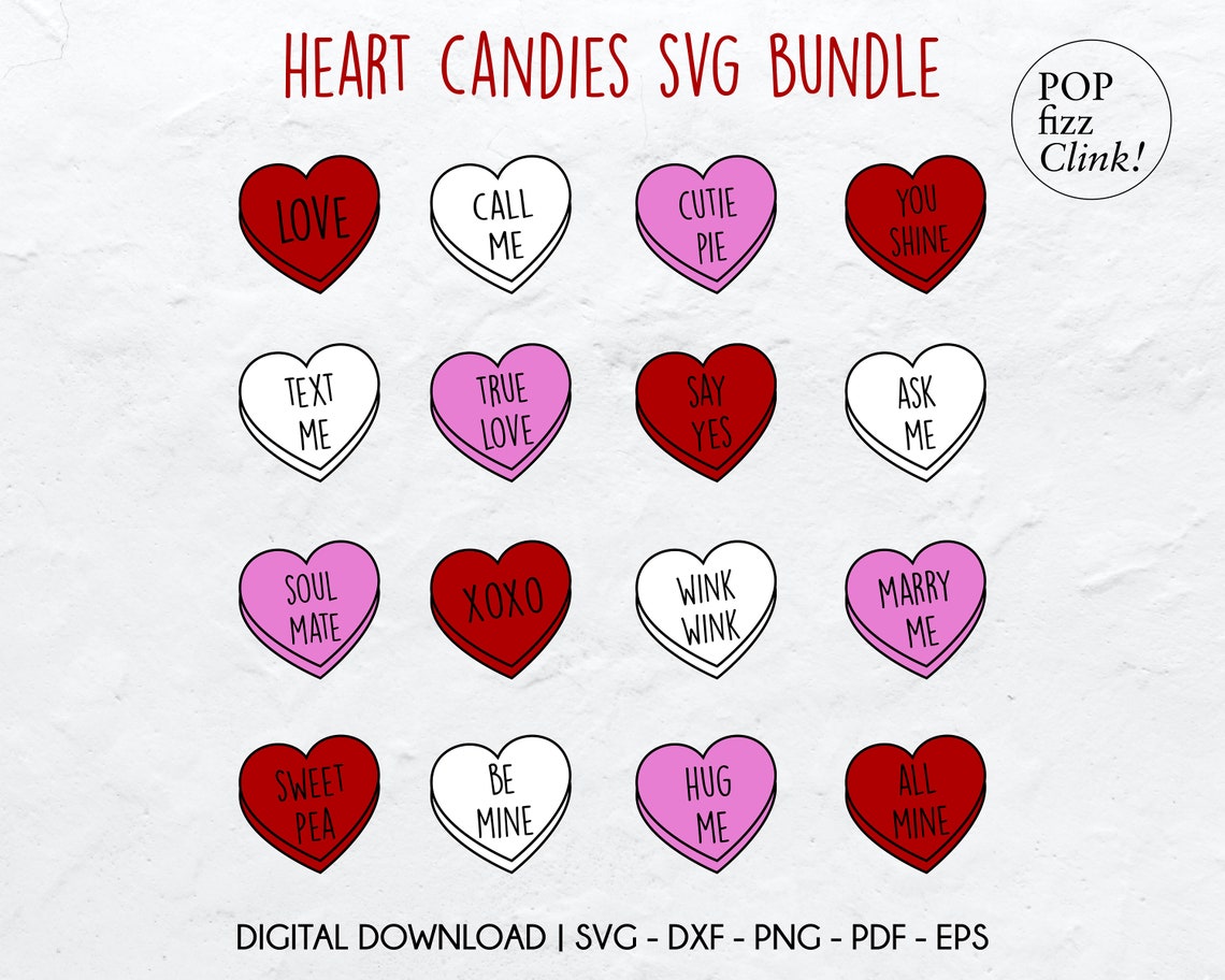 Candy Hearts Svg Bundle, Conversation Hearts Svg, Valentines Day Svg ...