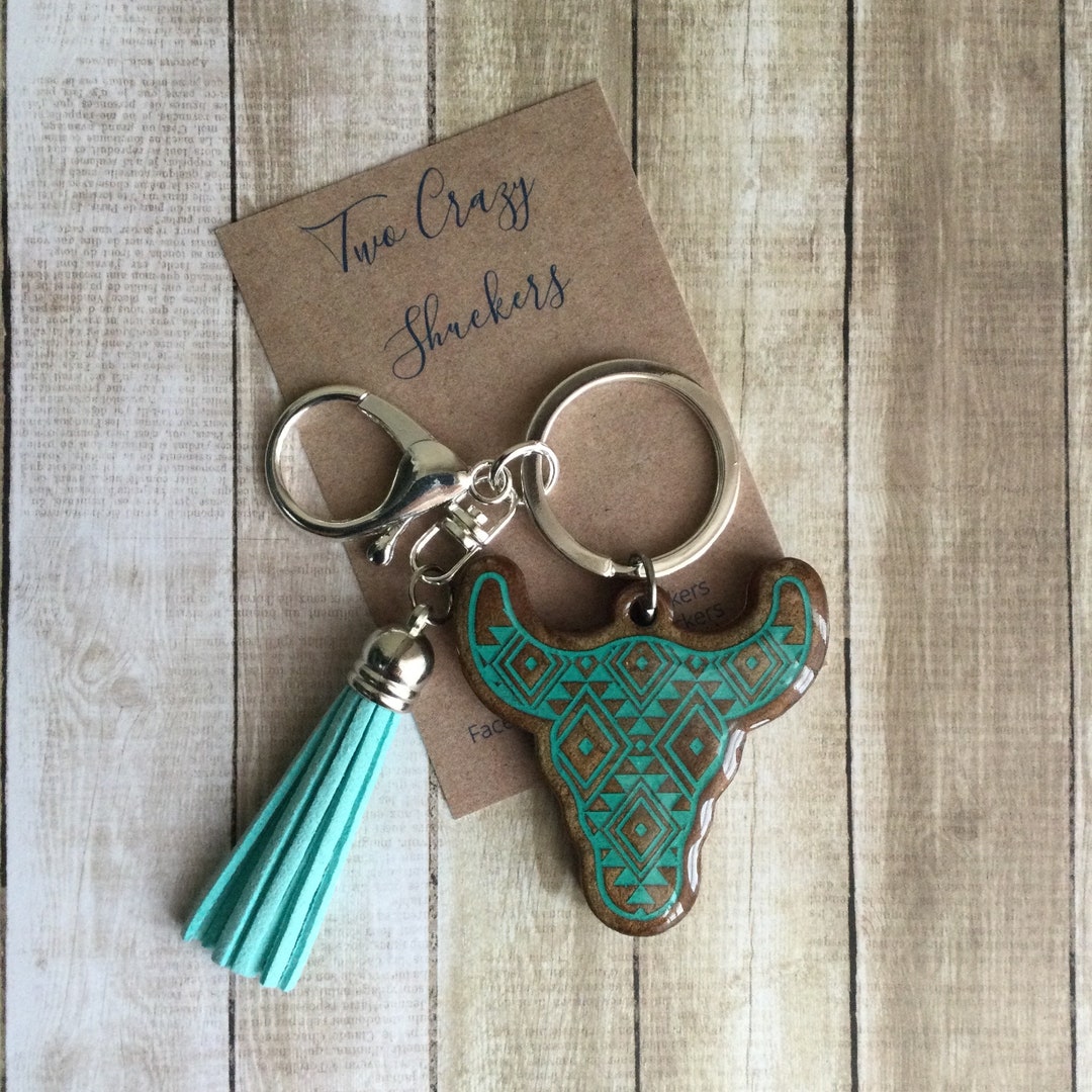 Aztec Print Cow Keychain - Cow Keyring - Cowgirl Keychain - Handmade ...