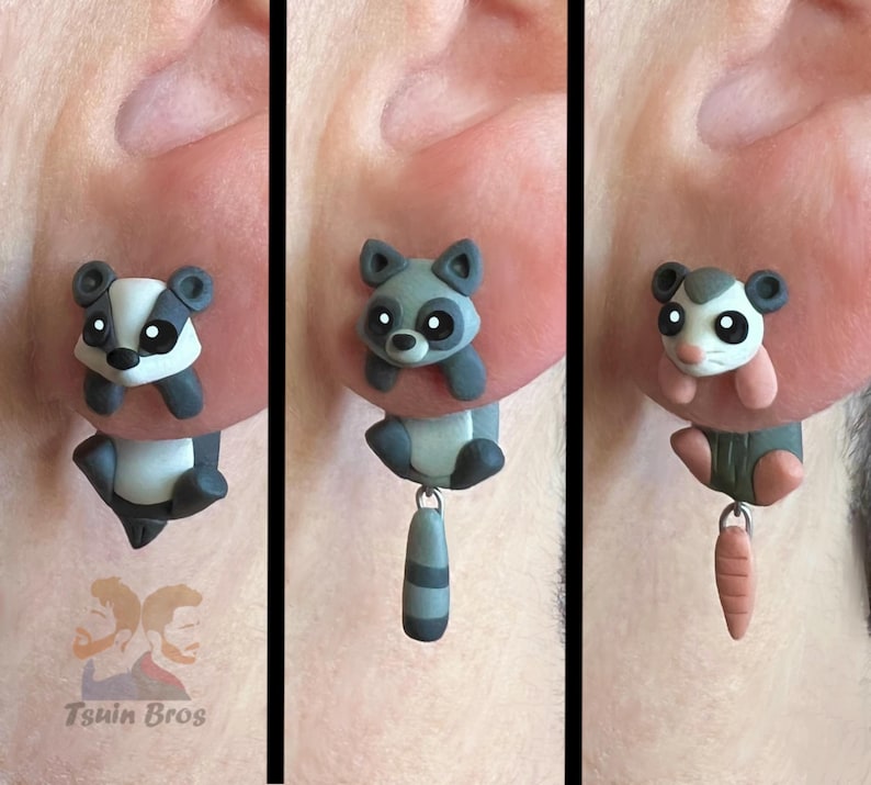 Animal Earrings: Badger, Raccoon and Opossum – Polymer Clay Earrings ...