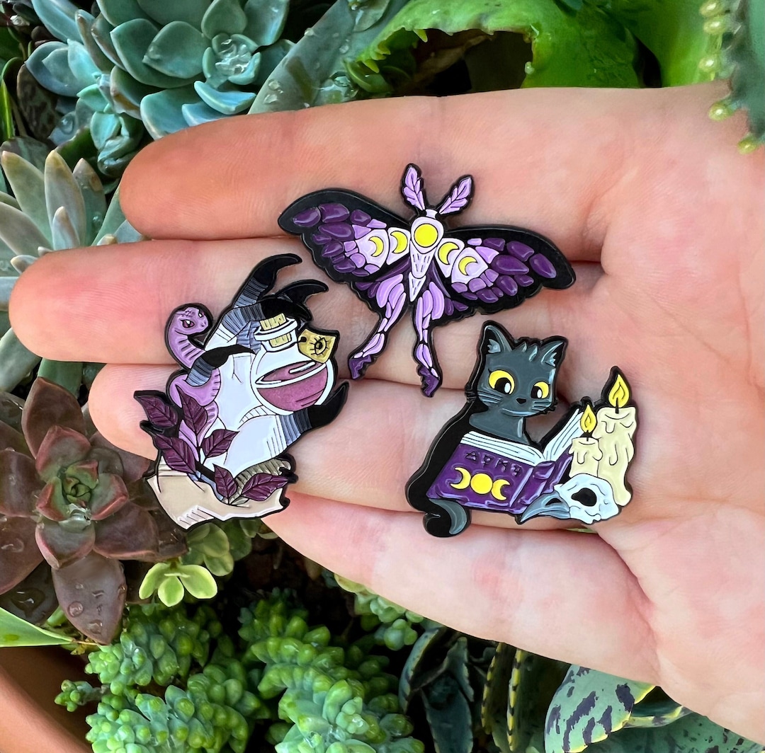 Witch Enamel Pins. Hand With Potion and Snake, Lunar Moth and Cat With ...