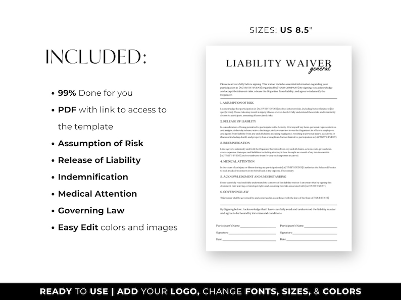 General Liability Waiver Template, Liability Form Agreement, Liability ...