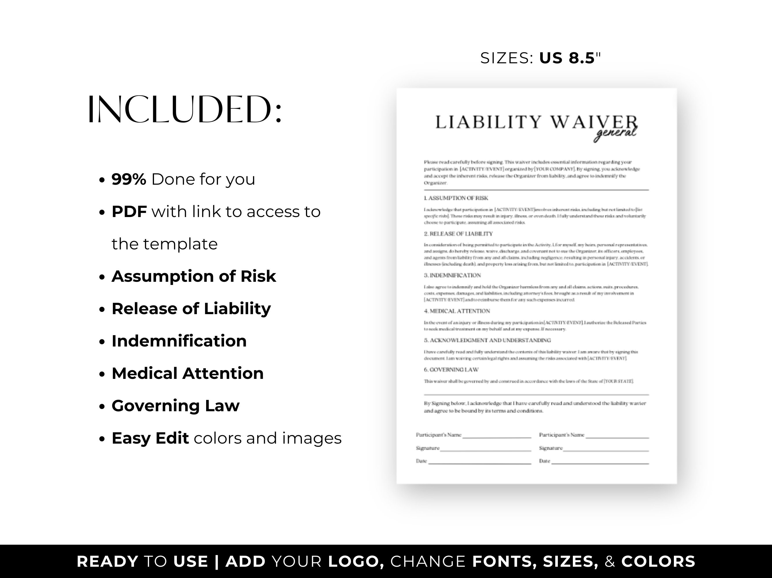 General Liability Waiver Template, Liability Form Agreement, Liability ...