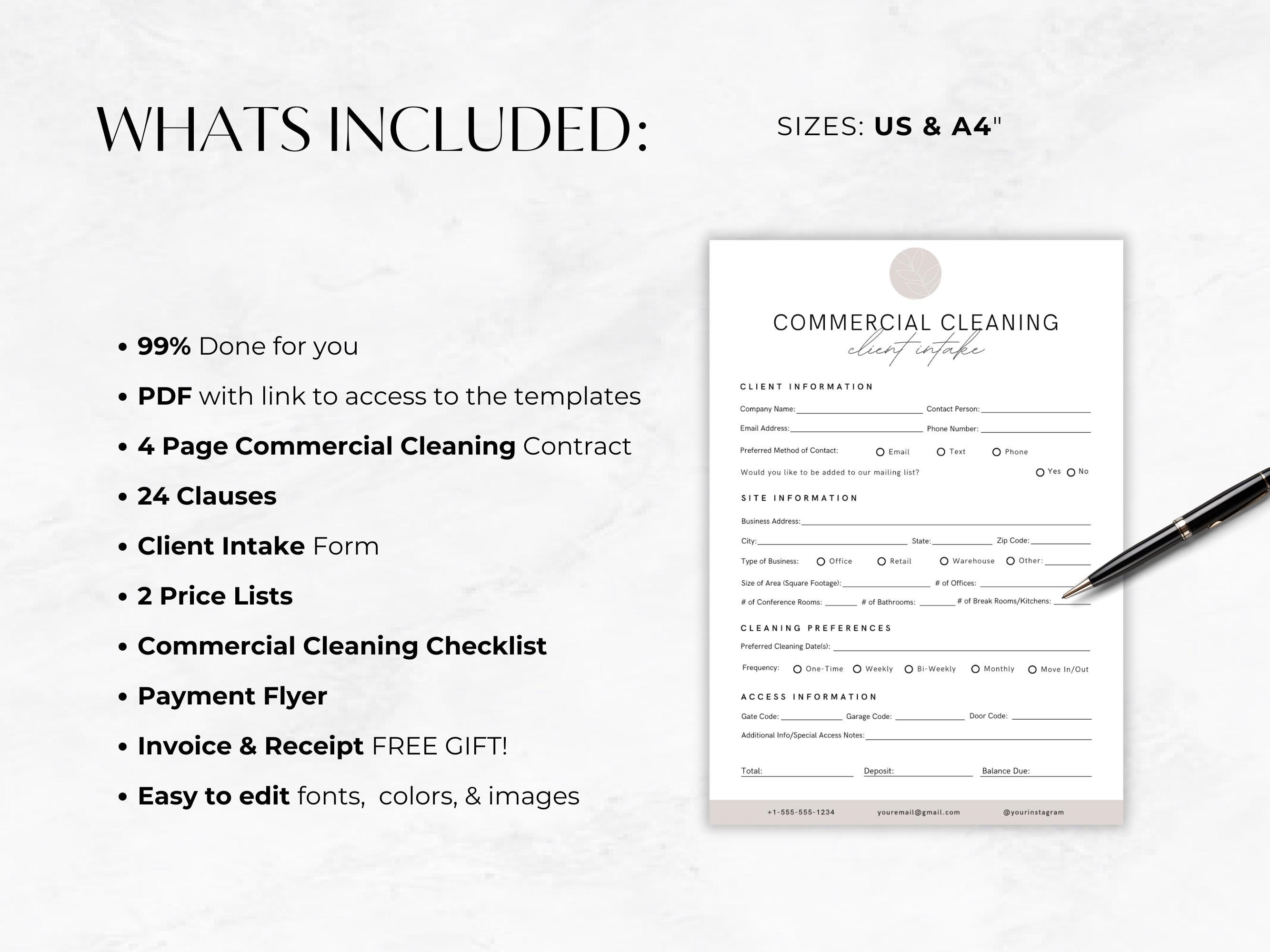 Commercial Cleaning Business Forms Bundle, Editable Cleaning Contract ...