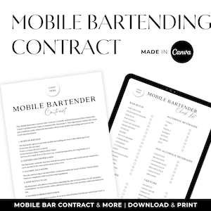 Mobile Bar Contract Template, Mobile Bar Check List, Editable Bartender ...